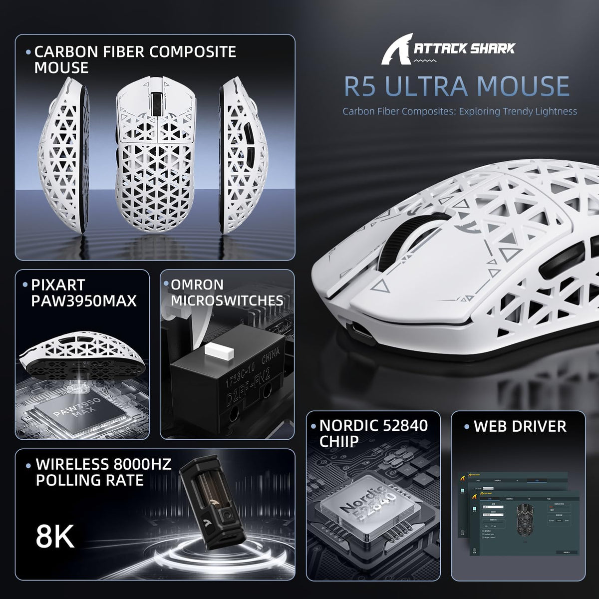 ATTACK SHARK R5 Ultra Carbon Fiber Wireless 8K PAW3950MAX Gaming Mouse ...